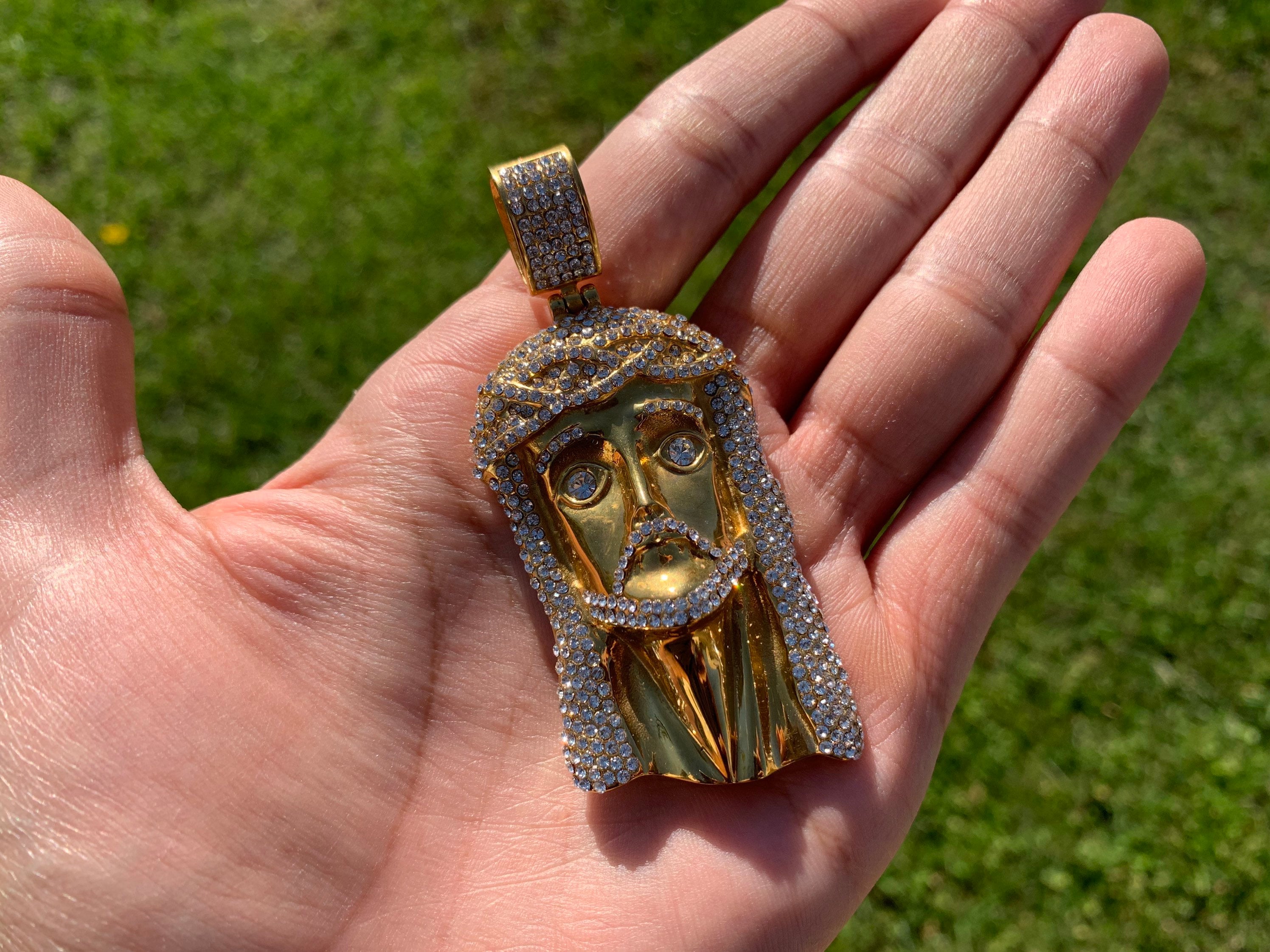 14k Gold Plated Large Jesus Piece CZ Iced Out Pendant With 22” Box ...