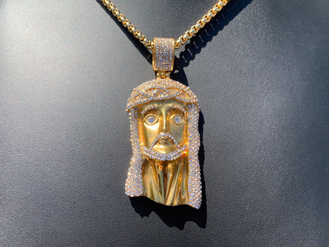 14k Gold Plated Large Jesus Piece CZ Iced Out Pendant With 22 Box Chain ...