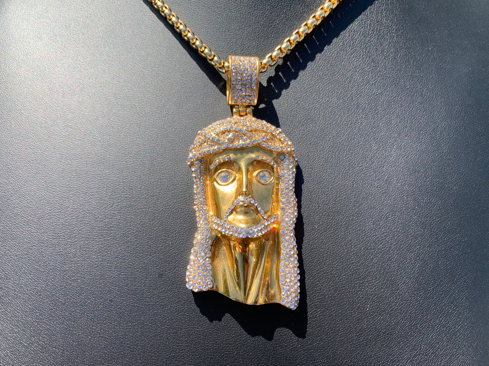 14k Gold Plated Large Jesus Piece CZ Iced Out Pendant With 22” Box ...