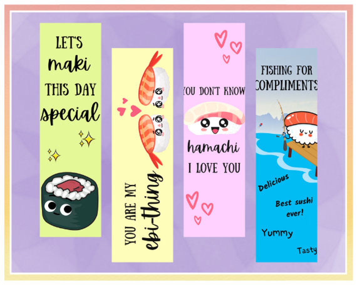 Funny Kawaii Japanese Sushi Printable Bookmarks Bookmark Set - Etsy