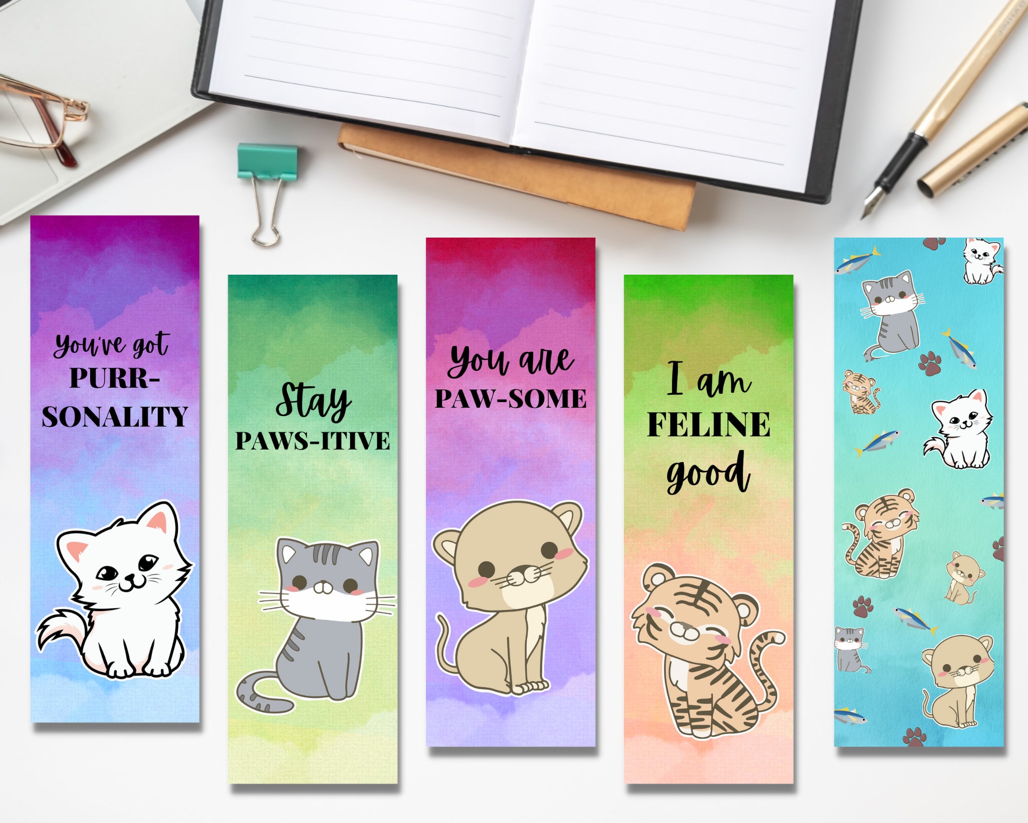 Cute Cats With Motivational Phrases Watercolor Printable Bookmarks ...
