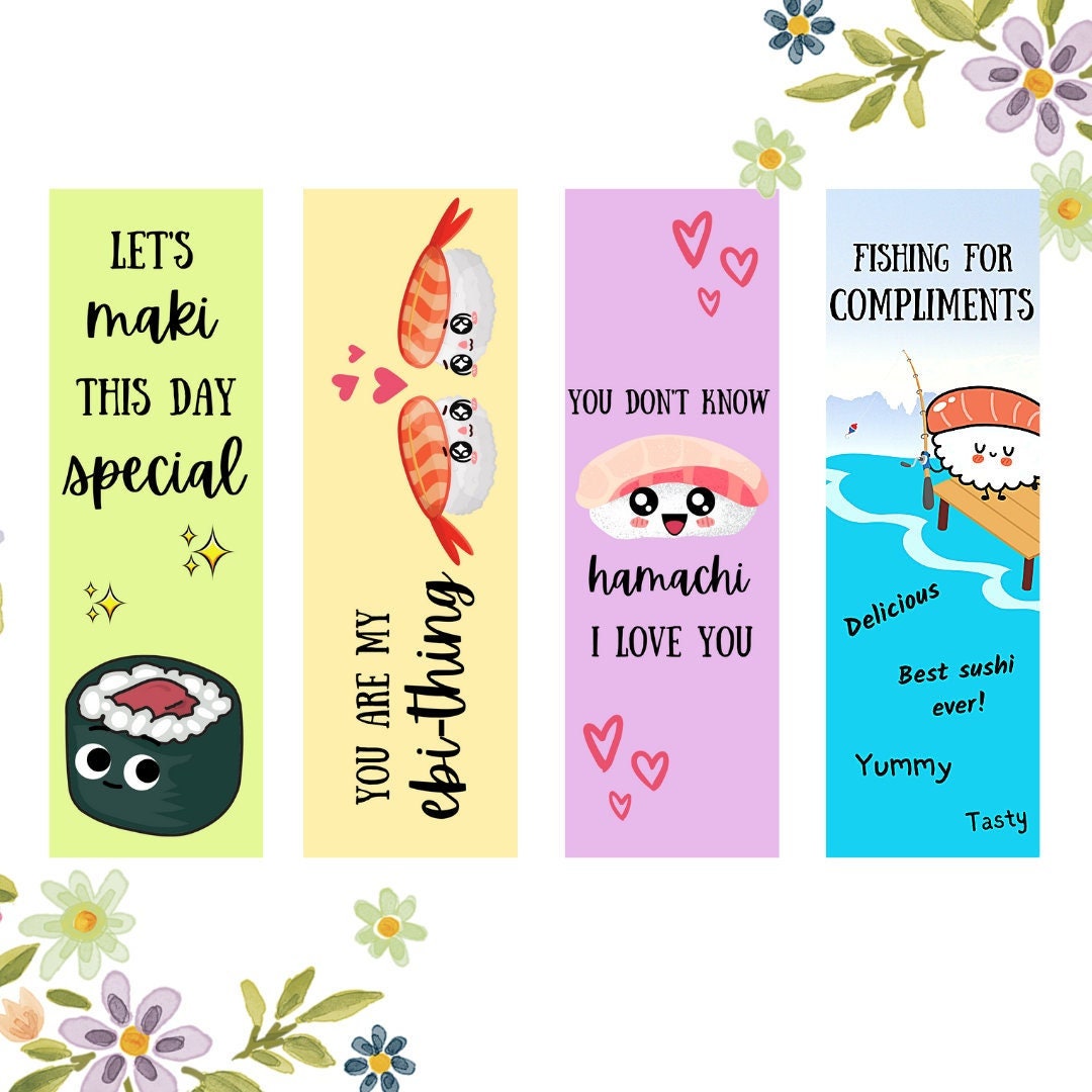 Funny Kawaii Japanese Sushi Printable Bookmarks | Bookmark Set ...