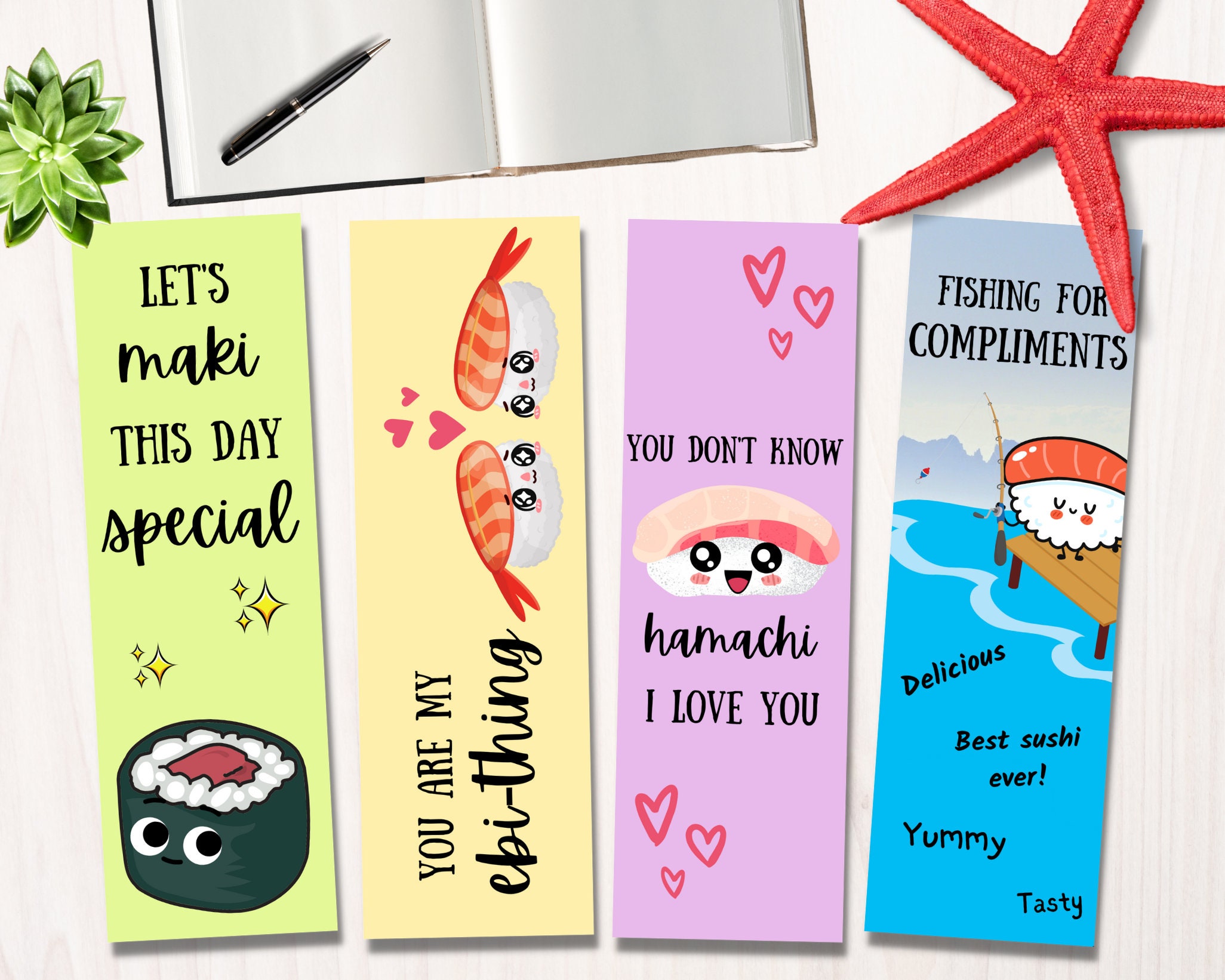Funny Kawaii Japanese Sushi Printable Bookmarks | Bookmark Set ...