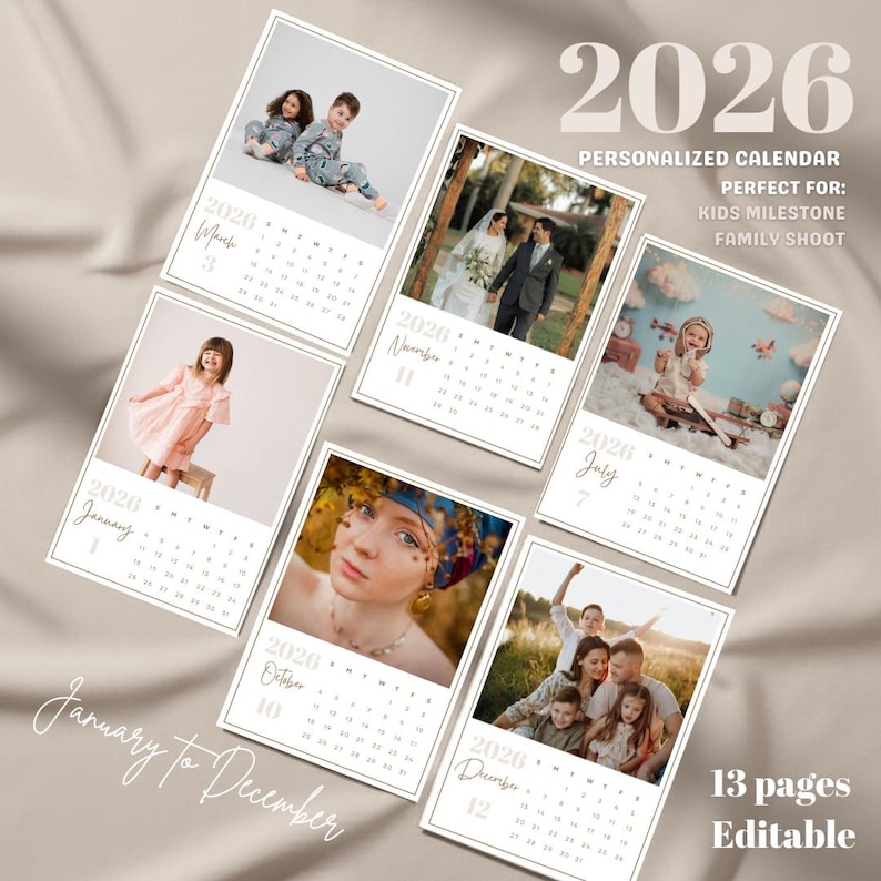 Editable Personalized 2026 Photo Calendar Template, Monthly Editable ...