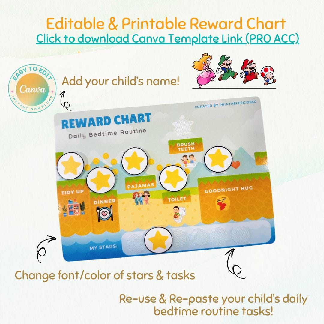 Mario Bedtime Routine Tasks Reward Chart Printable & Canva Editable PRO ...