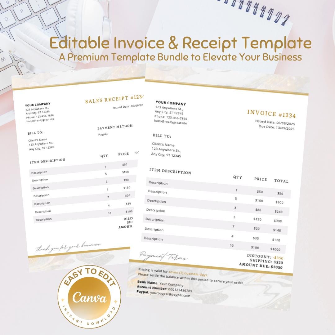 Editable Invoice & Receipt Template | Instant Download | Canva Editable ...