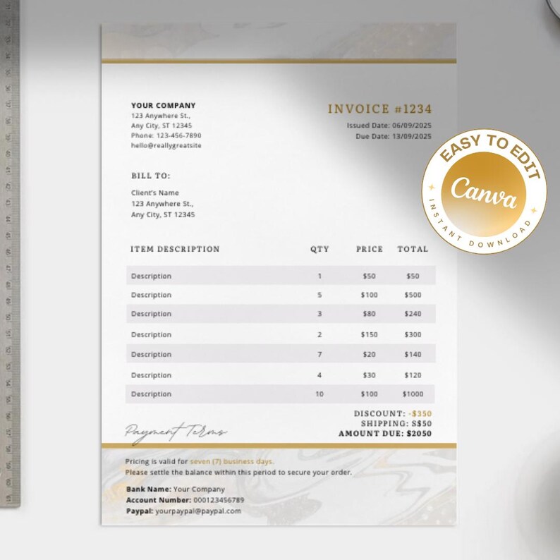 Editable Invoice & Receipt Template | Instant Download | Canva Editable ...