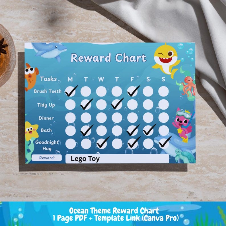 Printable & Editable Ocean Theme BB Shark Kids Reward Chart | 5 Daily ...