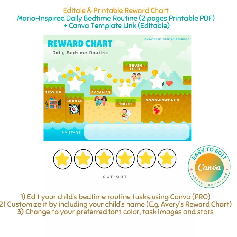 Mario Bedtime Routine Tasks Reward Chart Printable & Canva Editable PRO ...