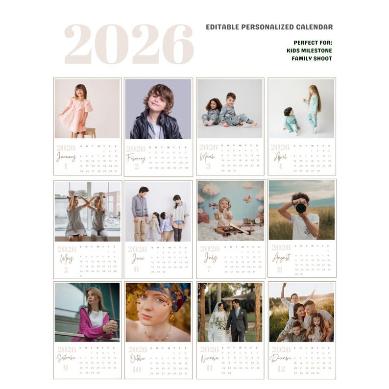 Editable Personalized 2026 Photo Calendar Template, Monthly Editable ...