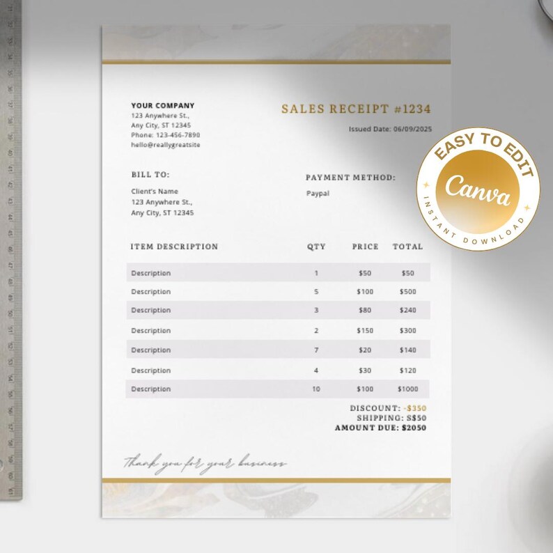 Editable Invoice & Receipt Template | Instant Download | Canva Editable ...