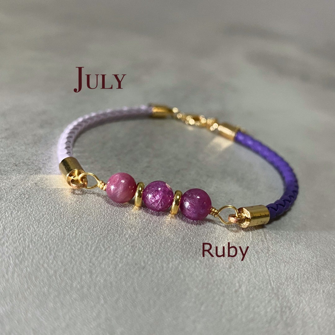 Ruby Bracelet, July Birthstone, Braided Leather Cord, Genuine Natural ...