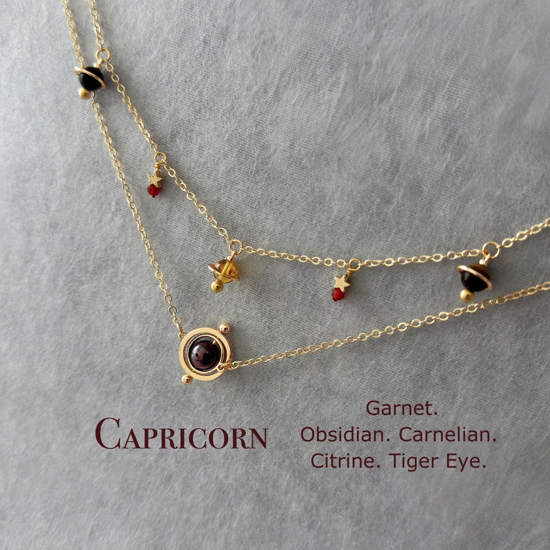 Capricorn Planet Necklace, Zodiac Layered Necklace Set, Saturn Crystal ...