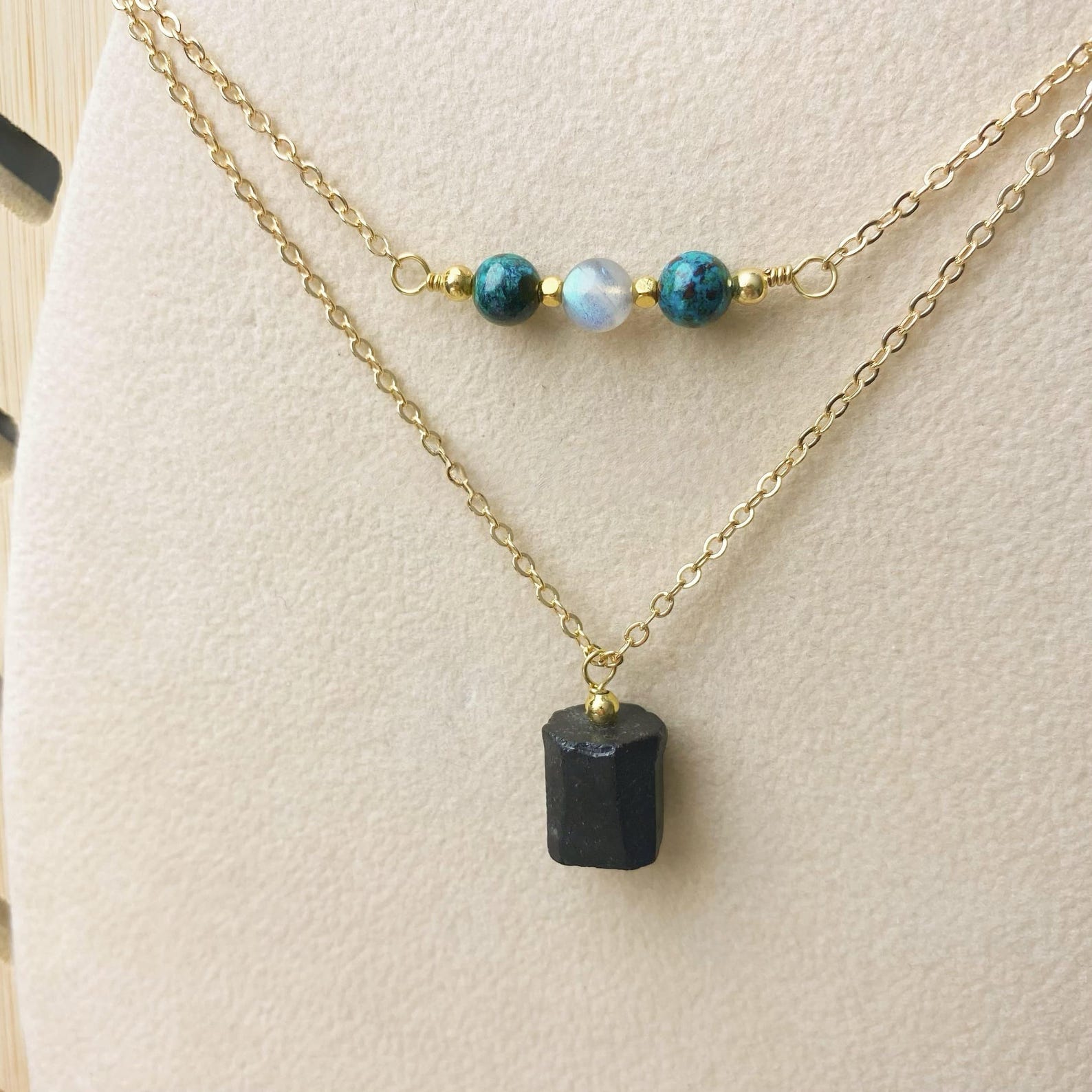 Simple Layered Necklace Set, Chrysocolla, Labradorite, Black Tourmaline ...