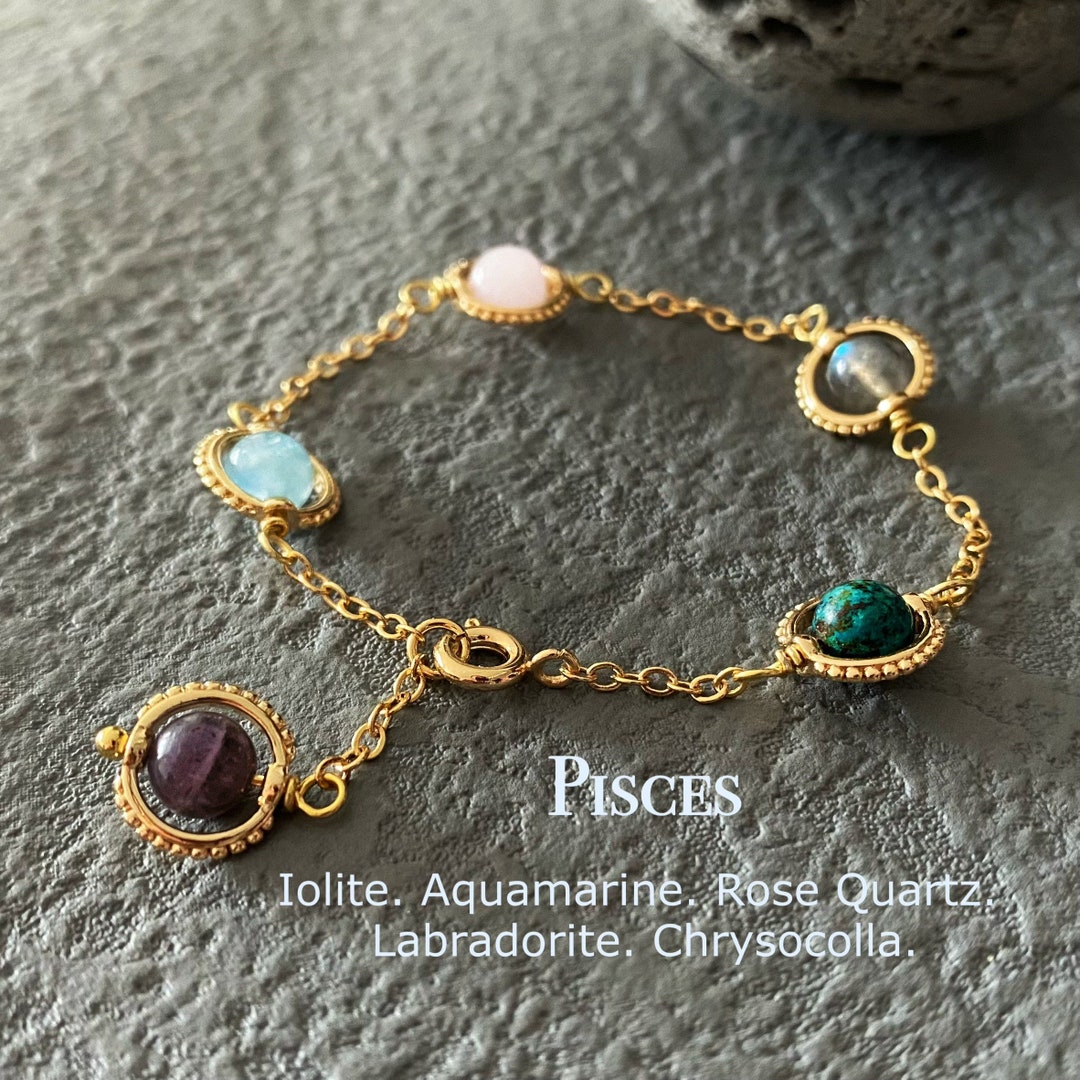 Handmade Pisces Crystal Bracelet, Zodiac Gemstones, Iolite, Aquamarine ...