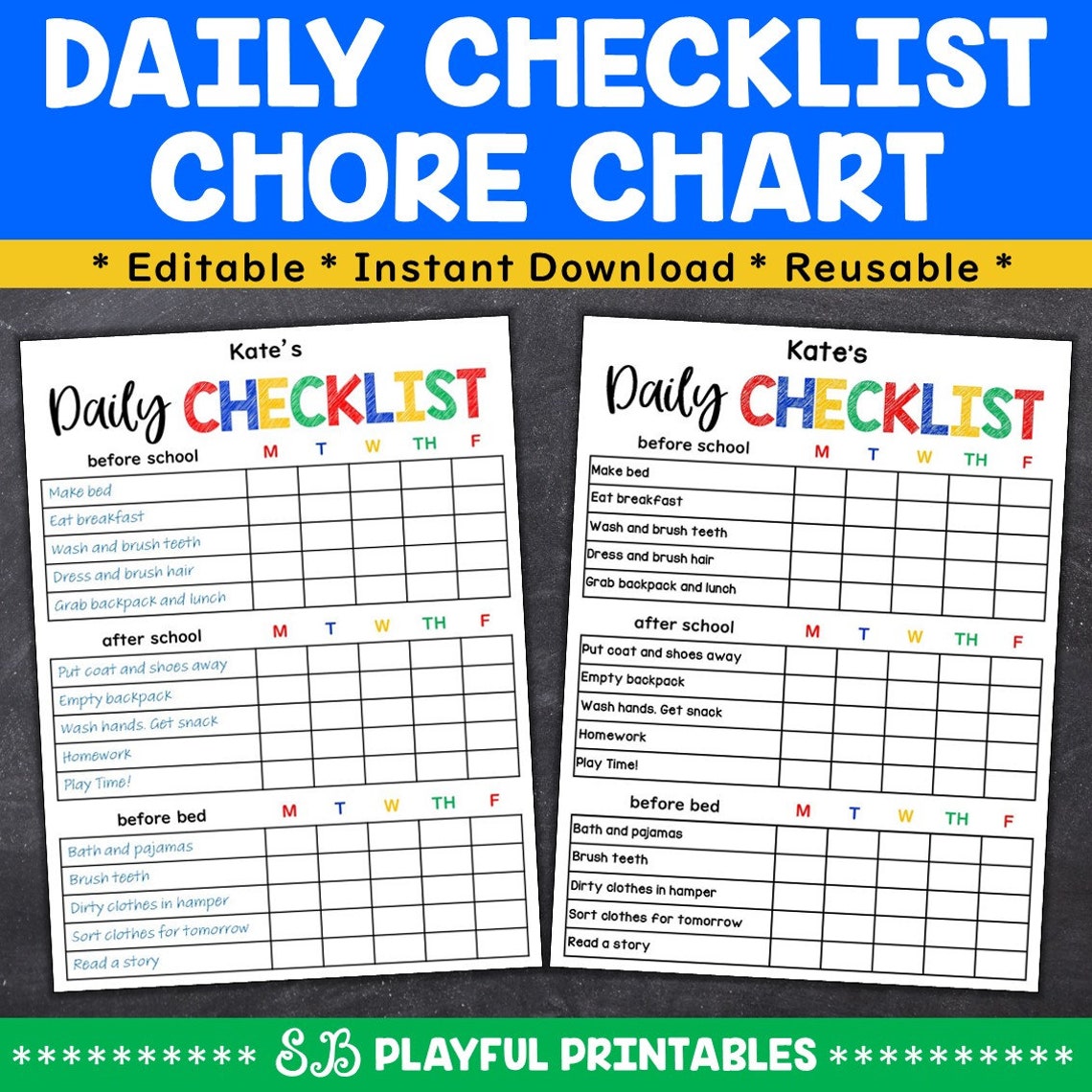 Printable and Editable Daily Checklist for Kids, Chore Chart for Kids ...