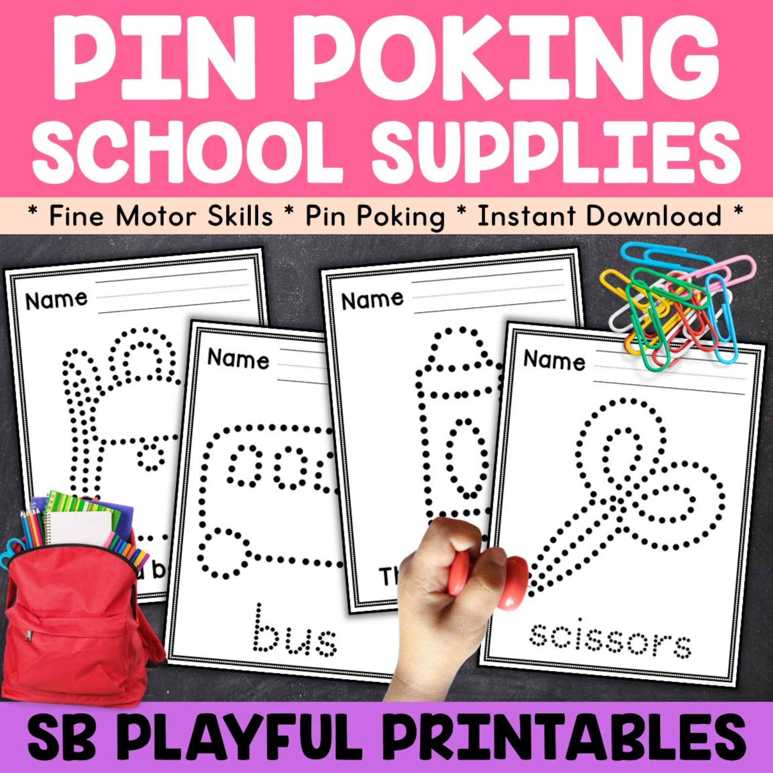 School Supplies Pin Poking Worksheets for Kids, Printables for ...