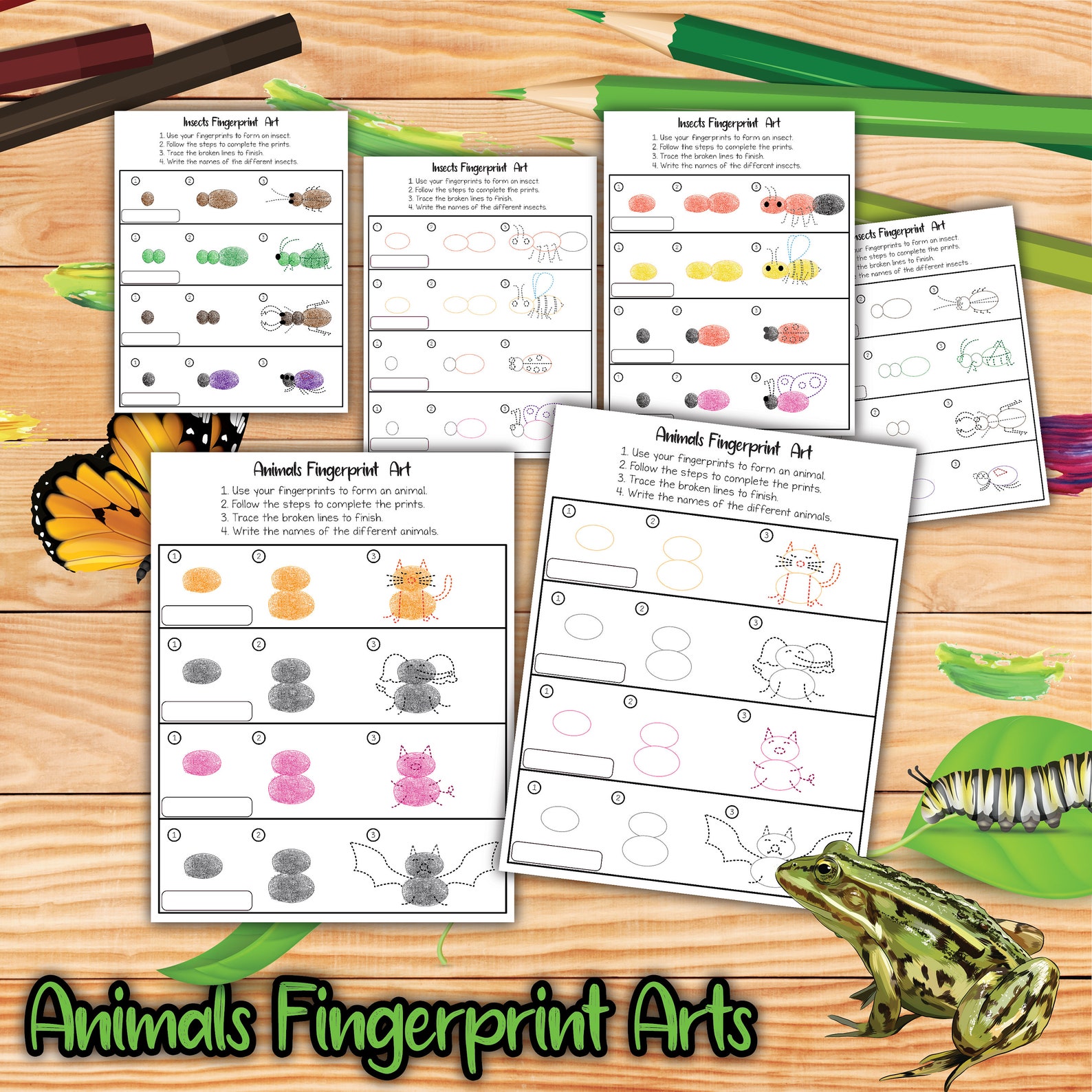 Animals and Insects Fingerprint Art for Kids, Printable Art Activity ...