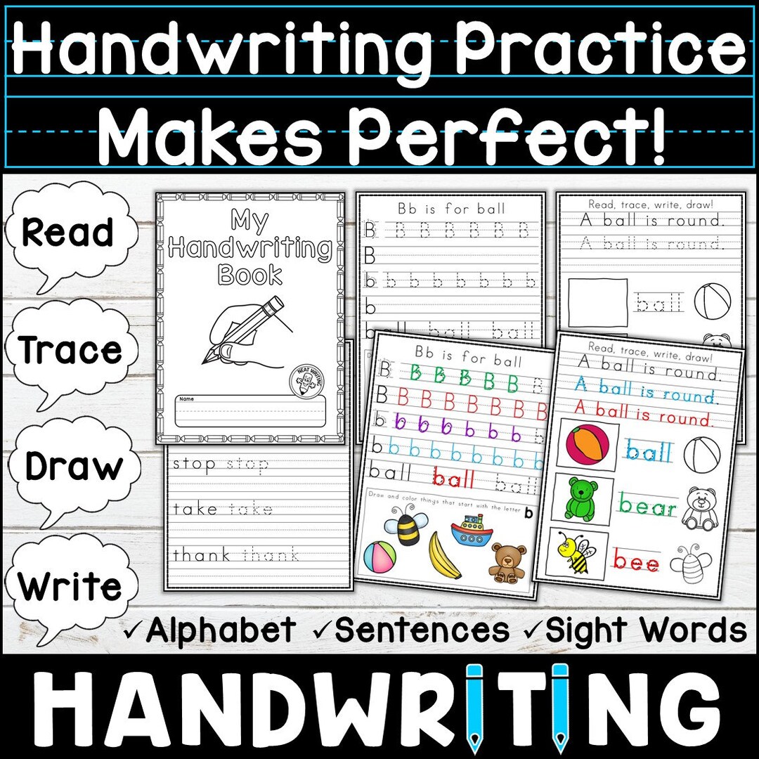 Handwriting Read Trace Draw Write Practice Pages, Alphabet and Sentence ...