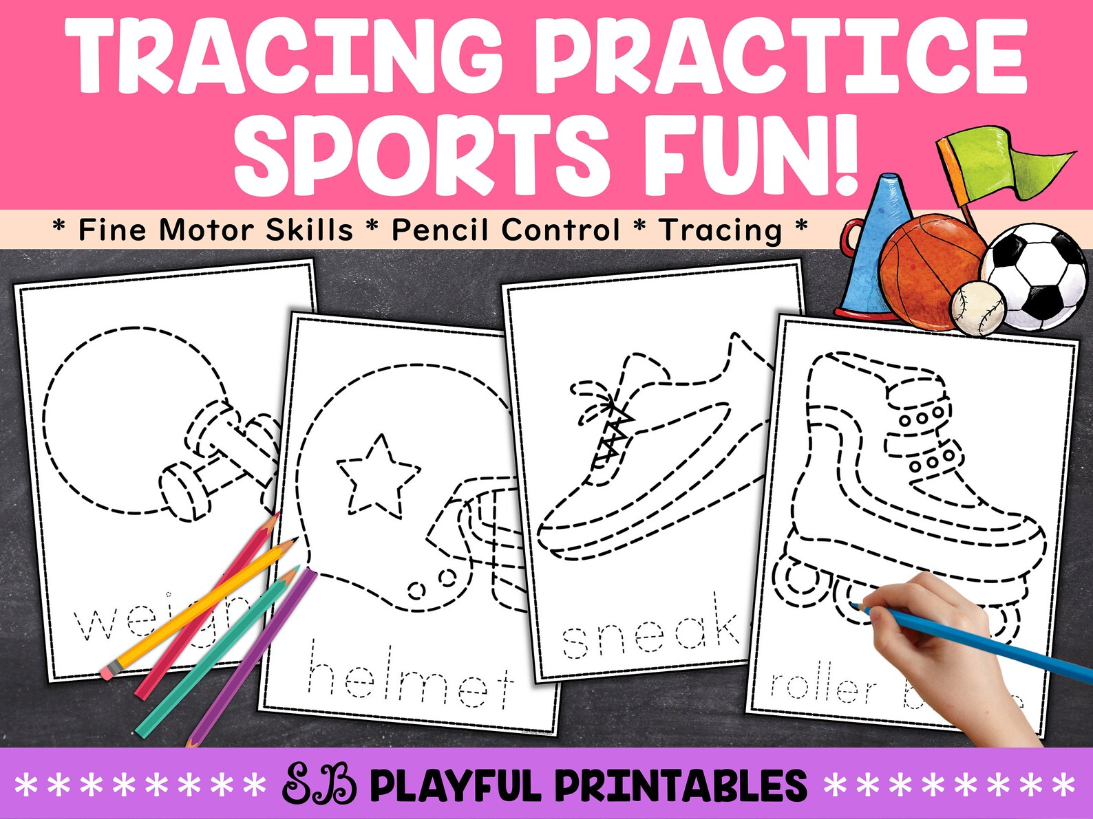 Sports Tracing Practice Worksheets, Fine Motor Skills Practice, Pre ...
