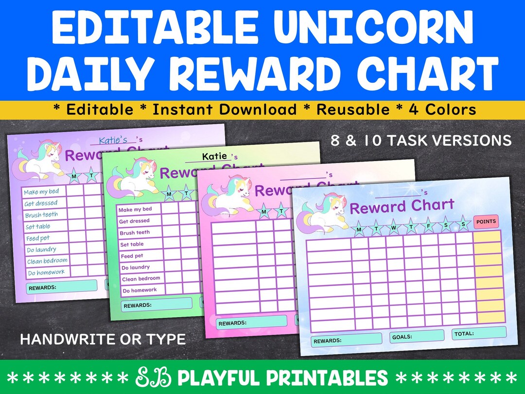 Printable and Editable Unicorn Reward Chart for Kids Daily - Etsy