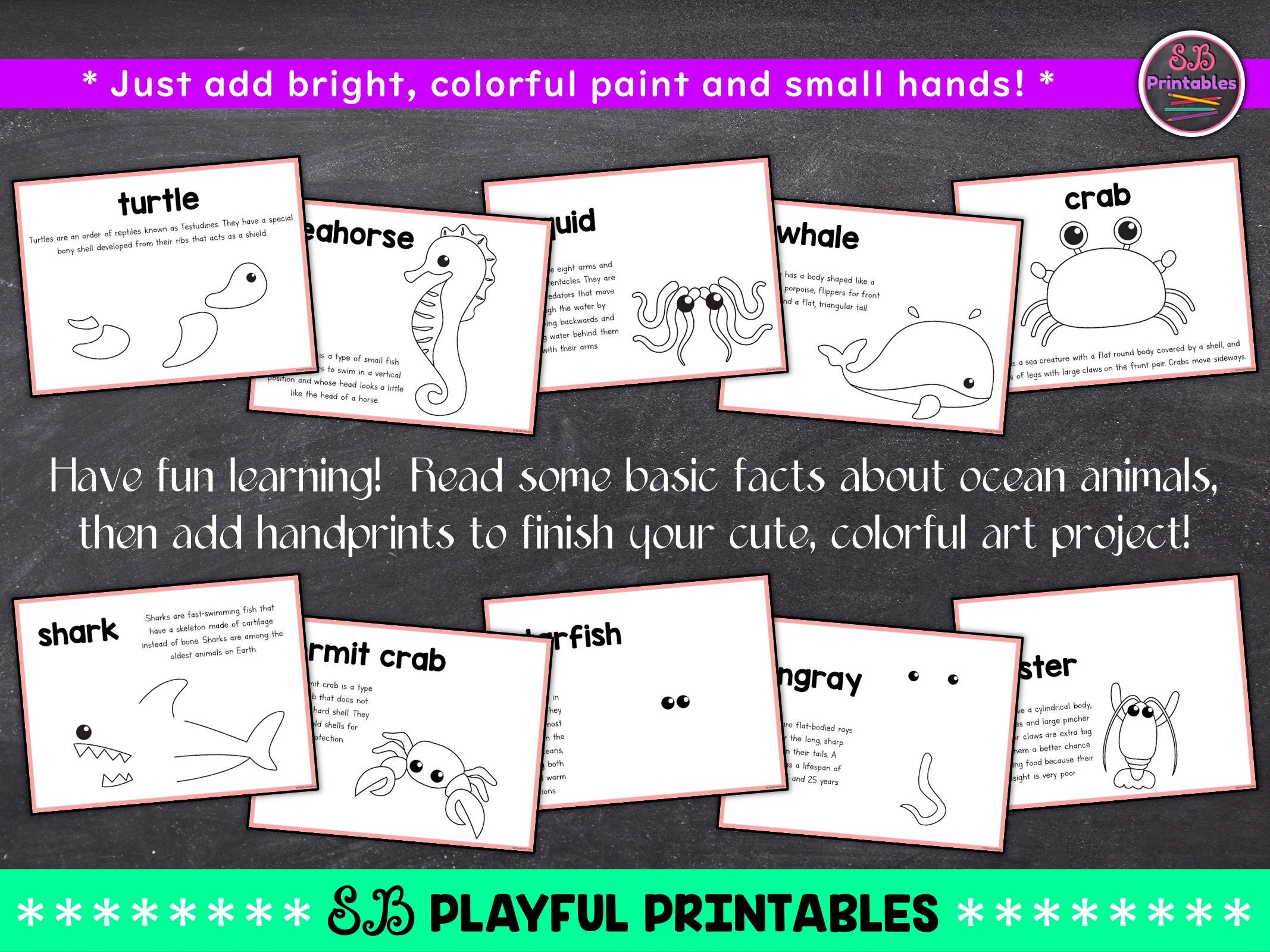 Ocean Animals Handprint Art for Kids, Ocean Themed Printable Art ...