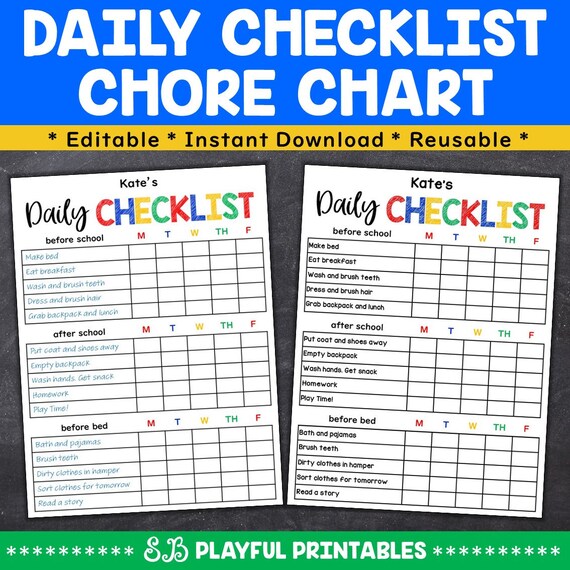 Printable and Editable Daily Checklist for Kids Chore Chart | Etsy