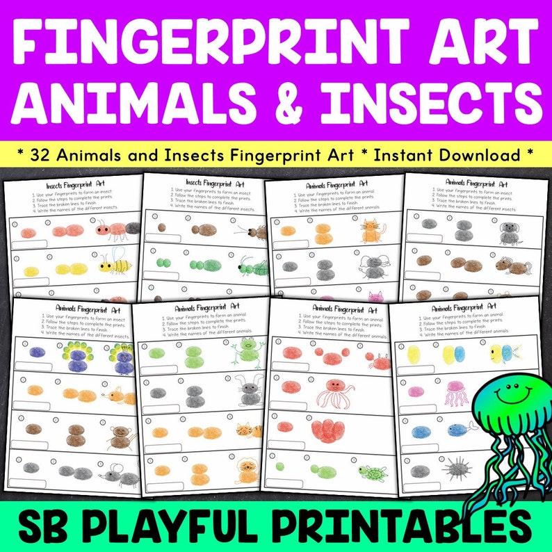 Animals and Insects Fingerprint Art for Kids, Printable Art Activity ...