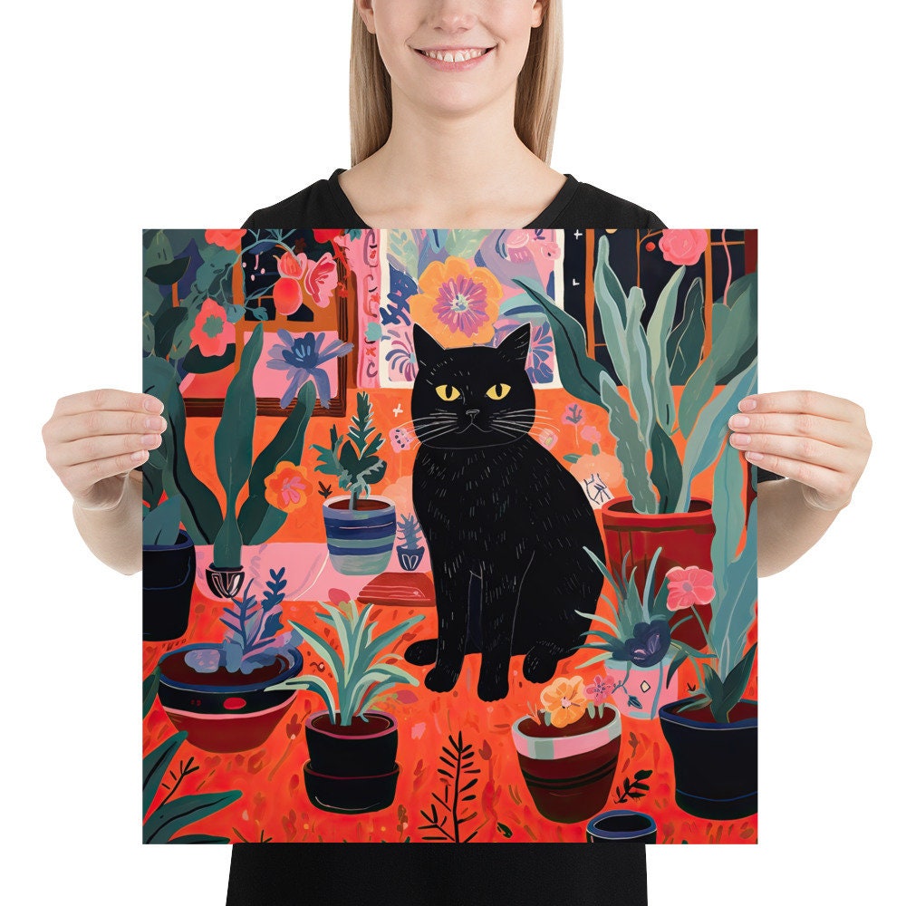 Floral Cat Art Print | Black Cat | Modern Art | Cat Themed Gift ...