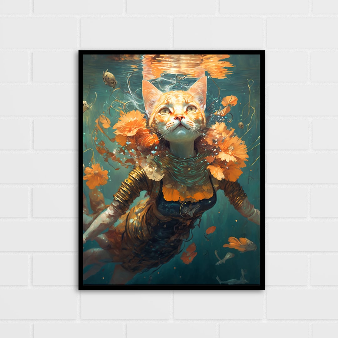 Cat Swimming Under Water Wall Art | Botanical Cat Art Print | Multiple ...