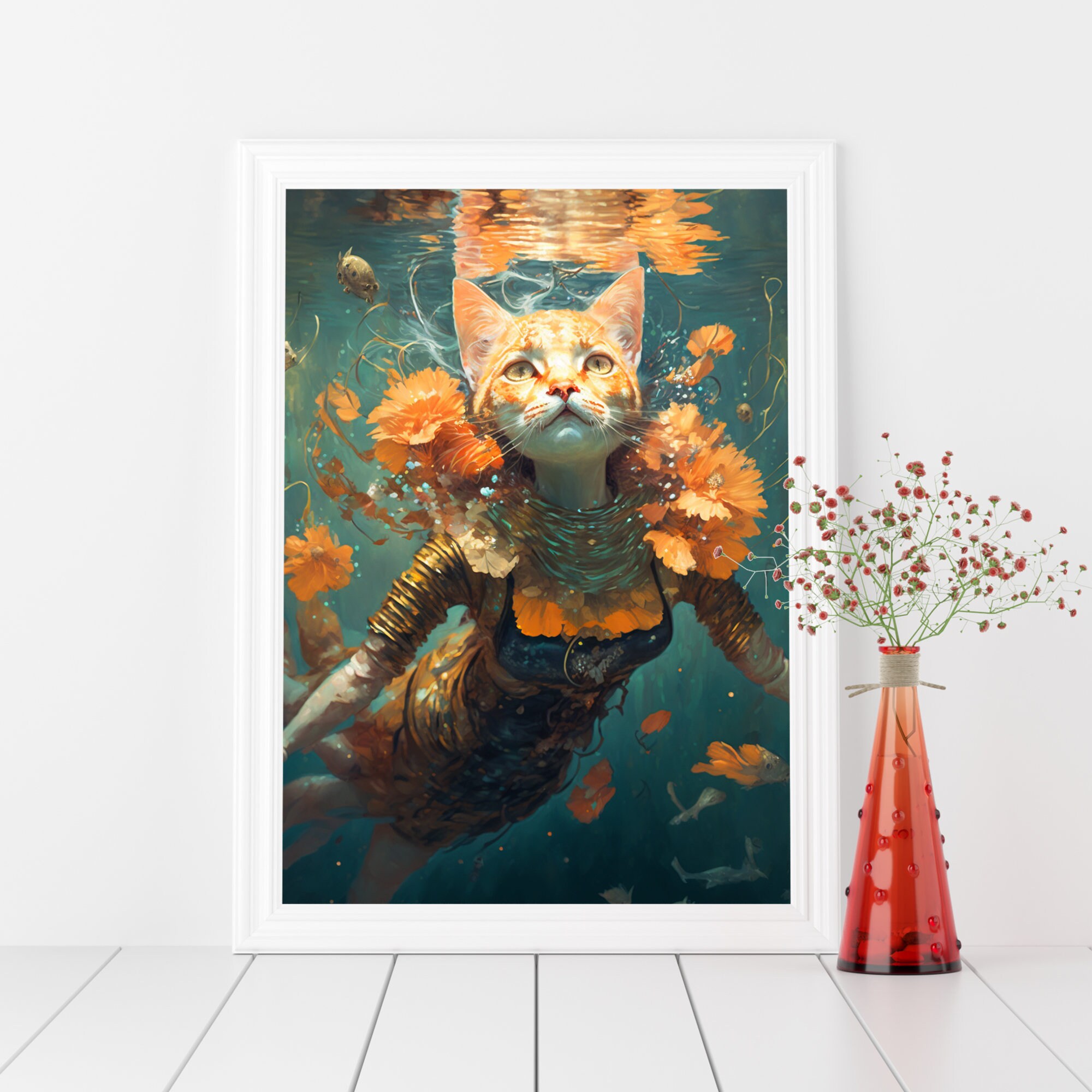 Cat Swimming Under Water Wall Art | Botanical Cat Art Print | Multiple ...