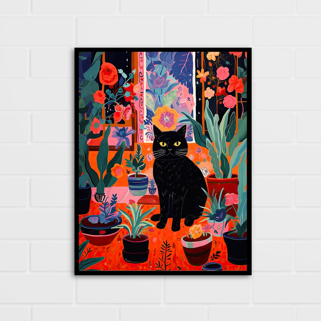 Floral Cat Art Print | Black Cat | Modern Art | Cat Themed Gift ...