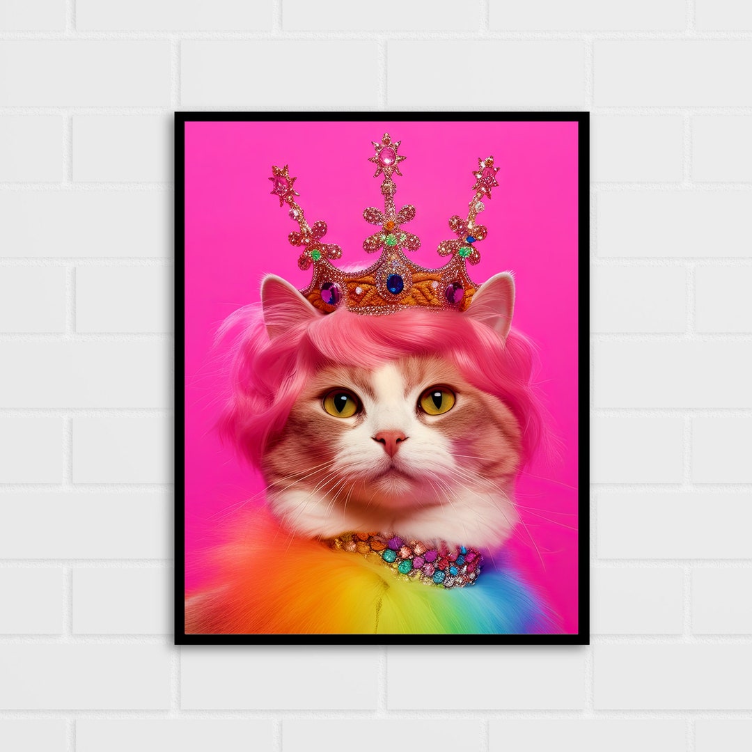 Rainbow Cat Drag Queen With Pink Wig Art Print | Transvestite Cat ...