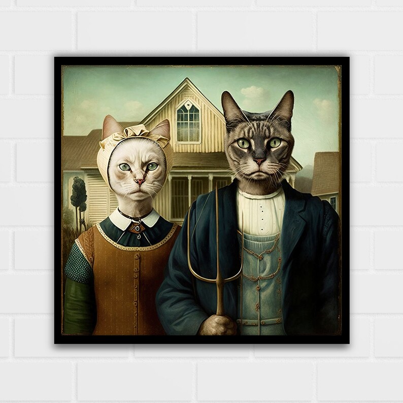 American Gothic With Cats Wall Art | Cat Lover Gift | Art Print ...