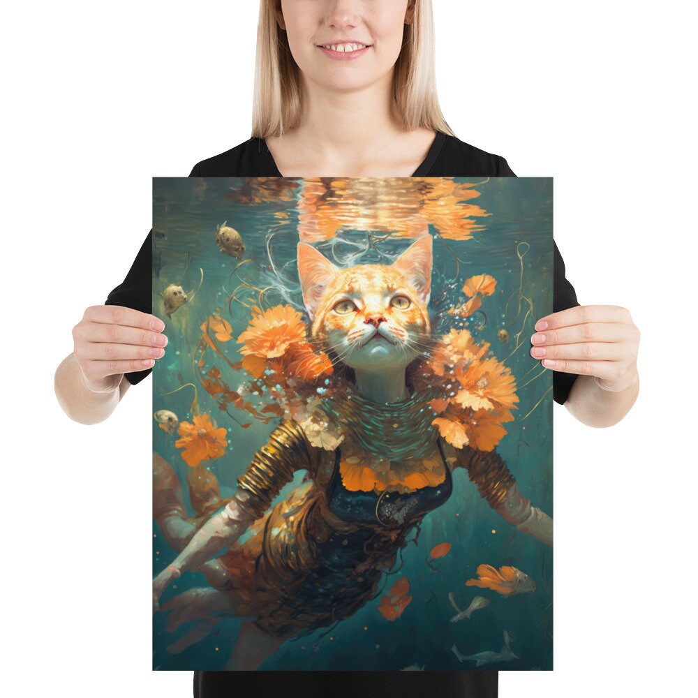 Cat Swimming Under Water Wall Art | Botanical Cat Art Print | Multiple ...