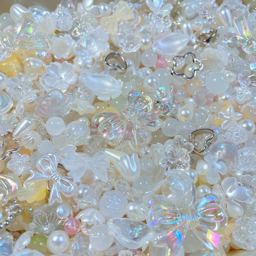White Bow Bead Soup - Coquette Plastic Glass Bead Soup - DIY Bead ...