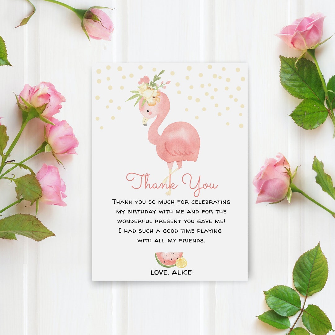 Editable Flamingo Birthday Thank You Card, Flamingo Thank You Card ...