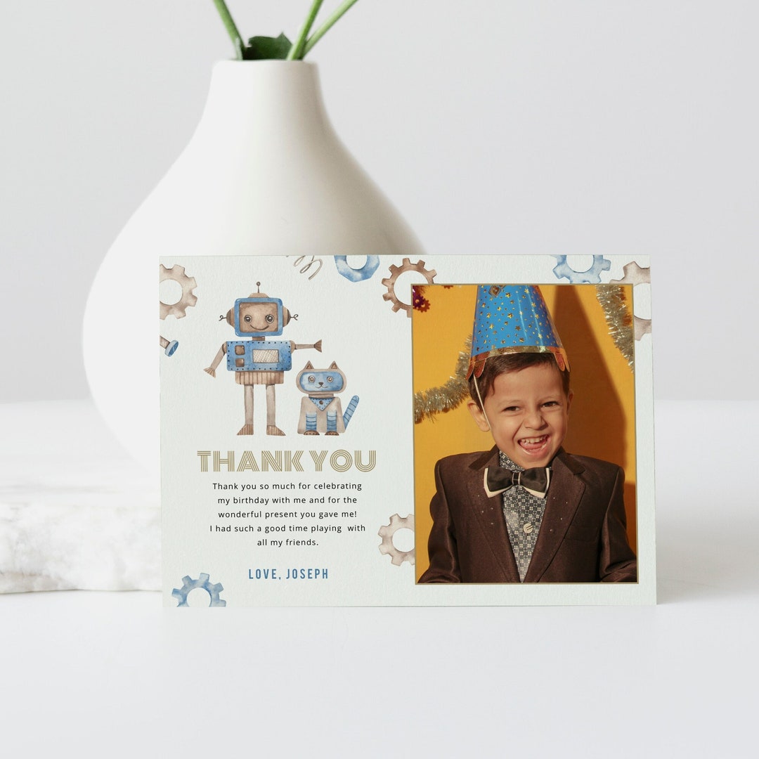 Editable Robot Birthday Thank You Card, Robot Thank You Note With Photo ...