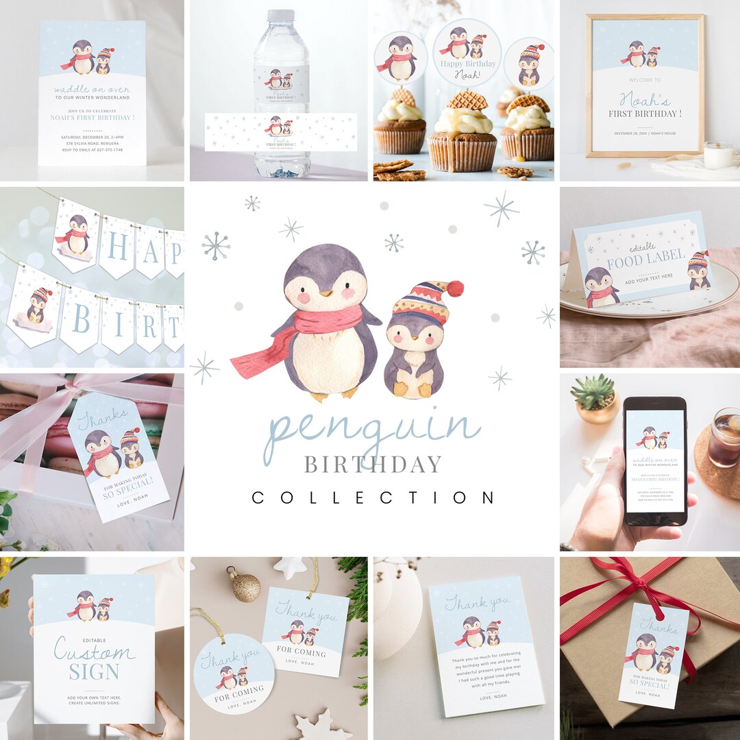 Editable Penguin Birthday Bundle, Christmas Party Collection, Winter ...