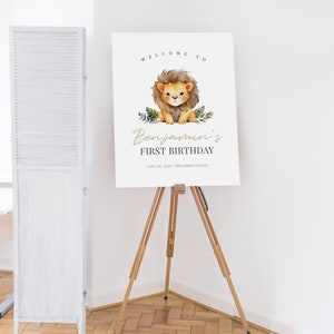 Editable Lion Birthday Welcome Sign, Minimalist Wild One Welcome Board ...