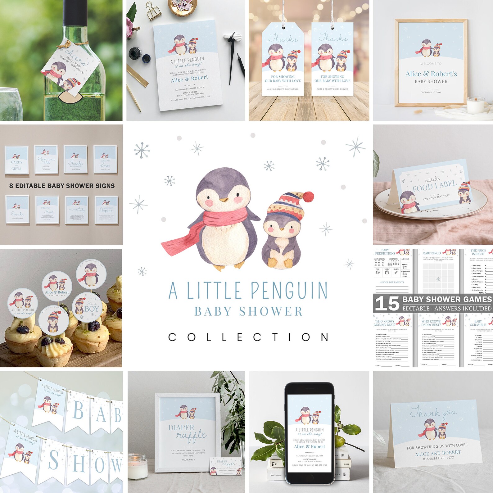 Editable Penguin Baby Shower Bundle, Winter Party Collection, Modern ...