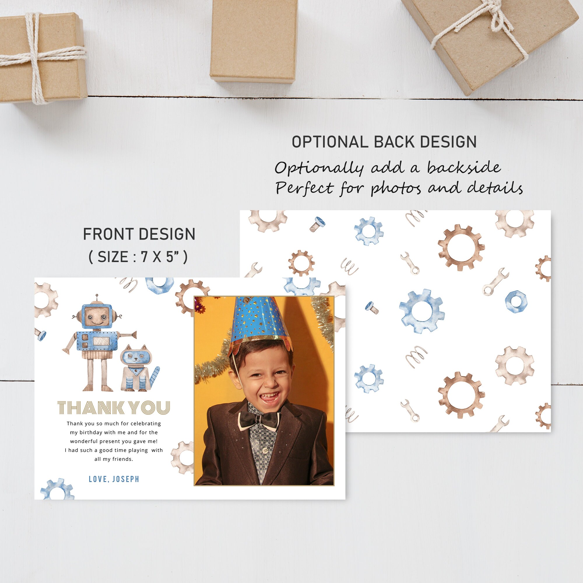 Editable Robot Birthday Thank You Card, Robot Thank You Note With Photo ...