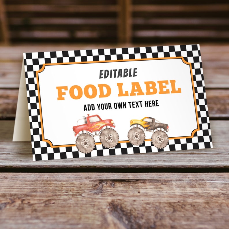 Editable Monster Truck Birthday Food Labels, Truck Party Folded Cards ...