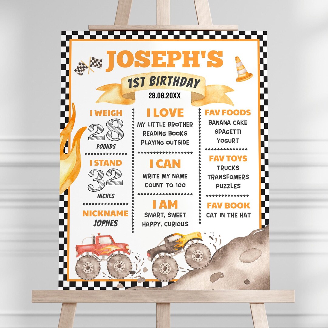Editable Monster Truck Birthday Milestone Sign, Truck Party Milestone ...