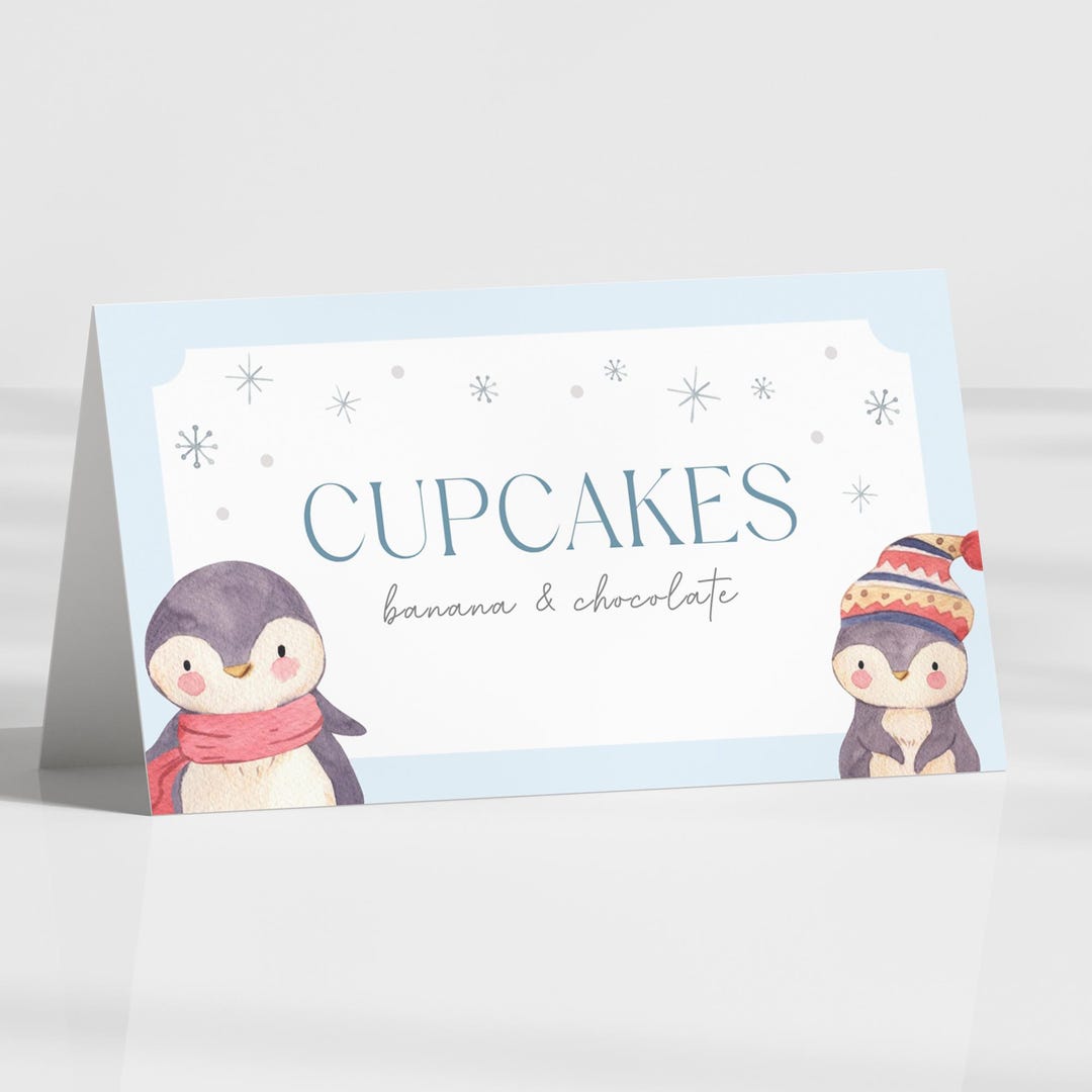 Editable Penguin Food Label, Christmas Folded Card, Winter Party Place ...