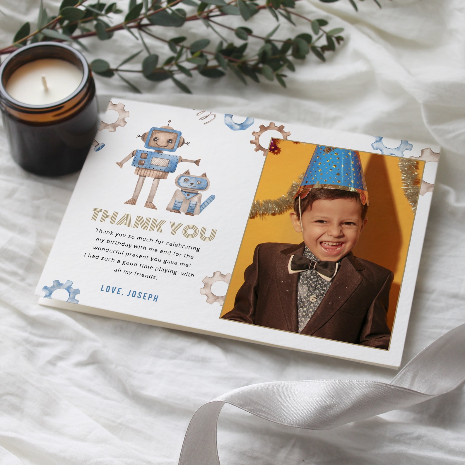 Editable Robot Birthday Thank You Card, Robot Thank You Note With Photo ...