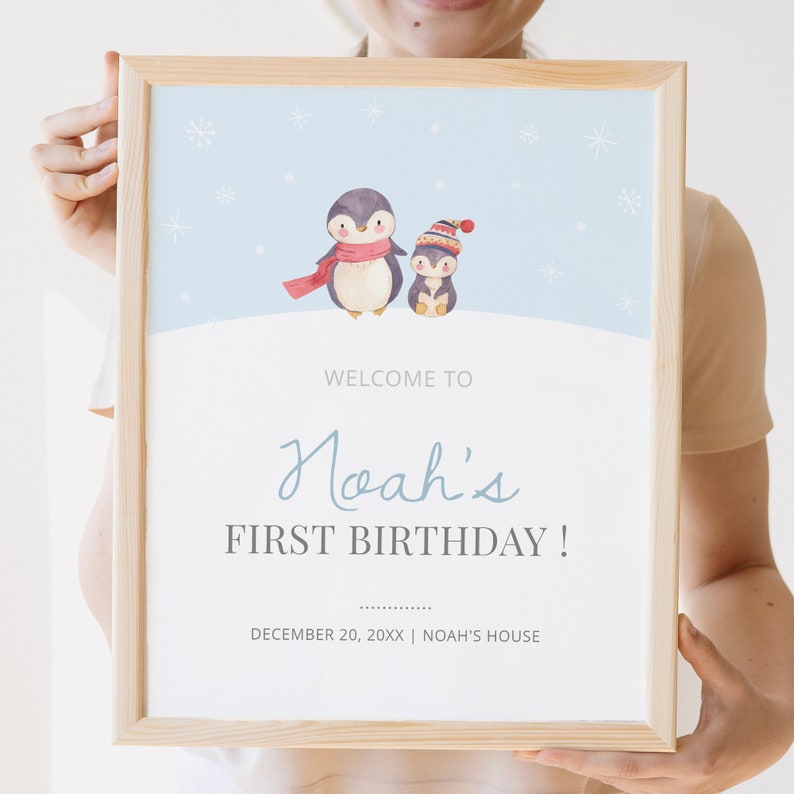 Editable Penguin Birthday Welcome Sign Christmas Welcome - Etsy