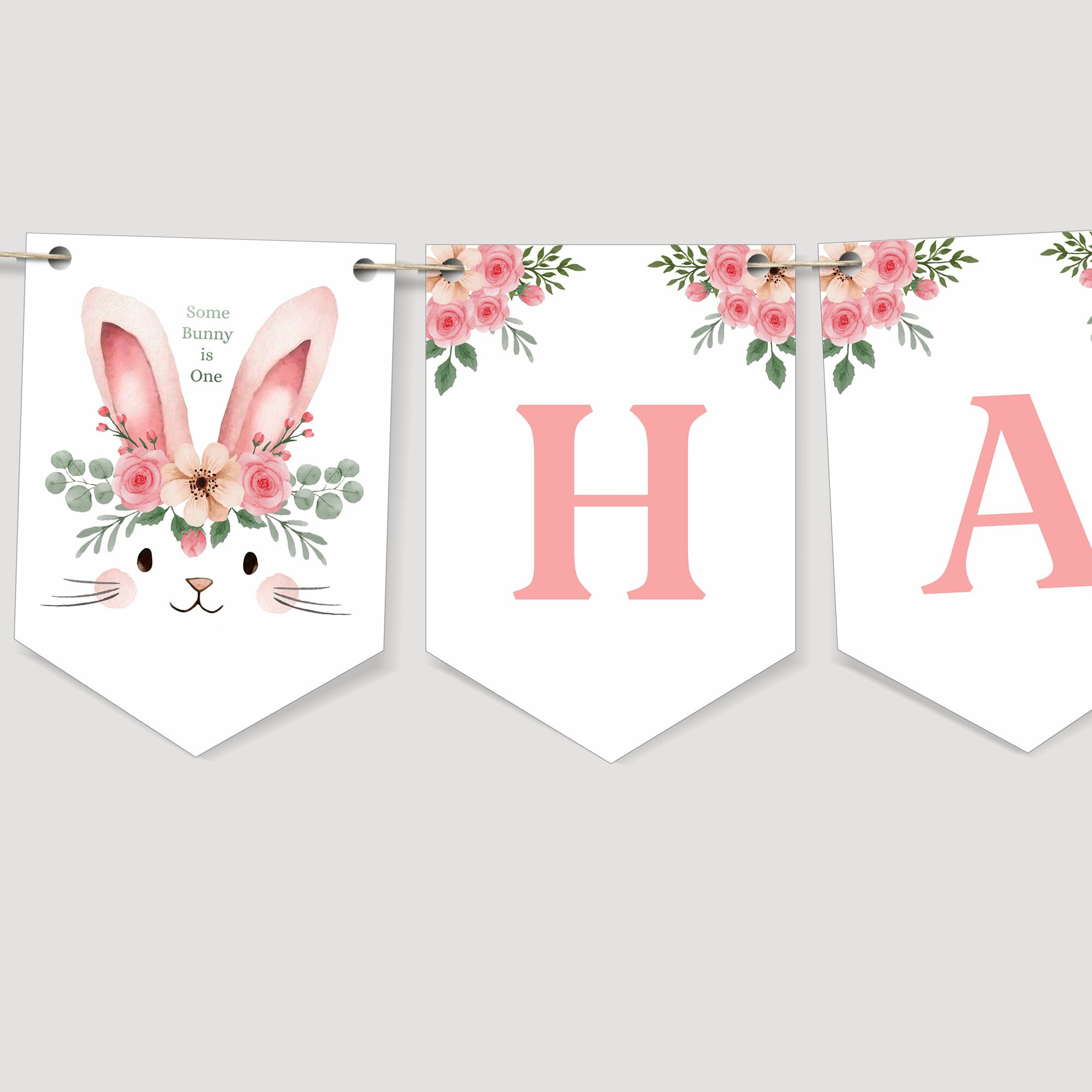 Editable Bunny Happy Birthday Banner, Pink Rabbit Bunting Banner, Girl ...