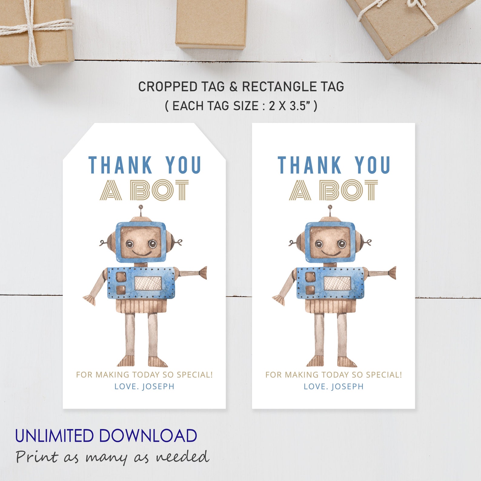 Editable Robot Party Favor Tags, Robot Birthday Gift Tags, Robot Tags ...