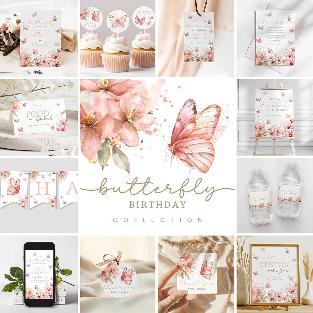 Butterfly Birthday Bundle, Pink Butterfly Garden Party Collection, Girl ...